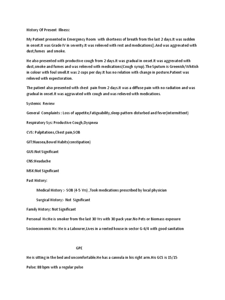 History of Present Illness | PDF | Cough | Diseases And Disorders