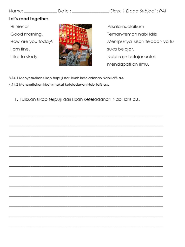 Worksheet Keteladanan Nabi Idris | PDF | Seni & Disiplin Bahasa ...