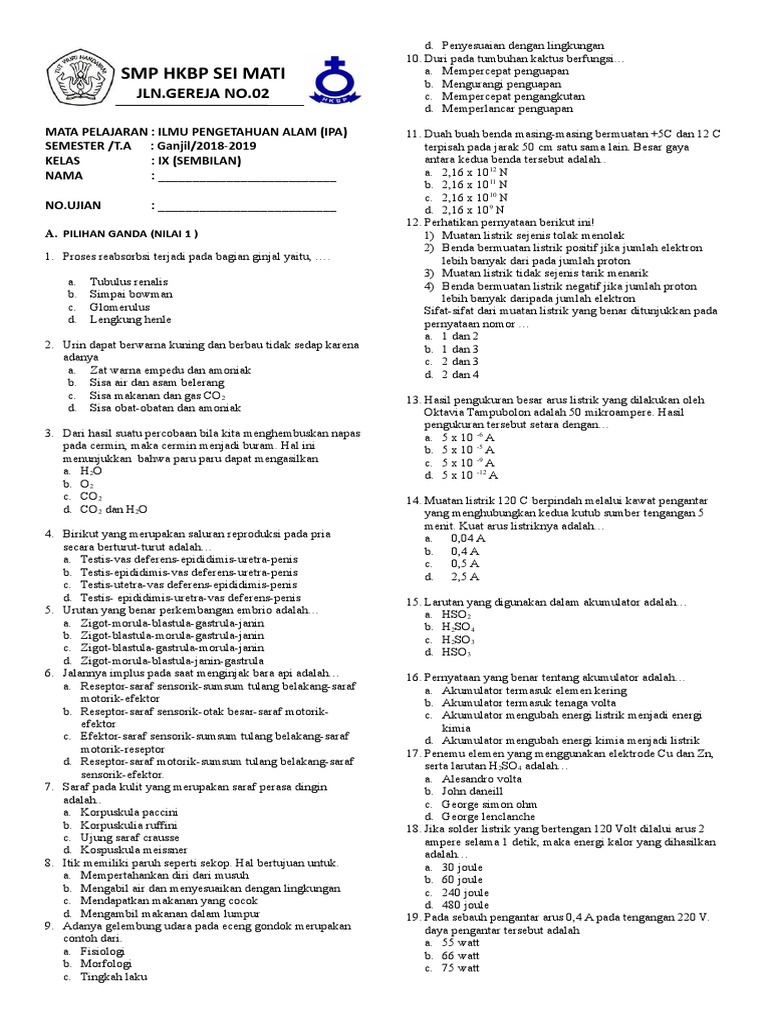 Soal Dan Kunci Jawaban Ujian IPA Kelas 9 SM 1 - 2018 - SOAL | PDF
