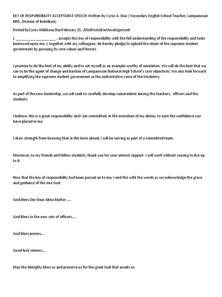 KEY OF RESPONSIBILITY ACCEPTANCE SPEECH Written by Cyrus A | PDF