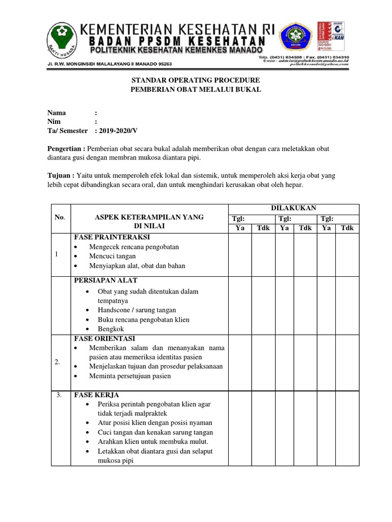 STANDAR OPERASI PEMBERIAN OBAT SECARA BUKAL | PDF