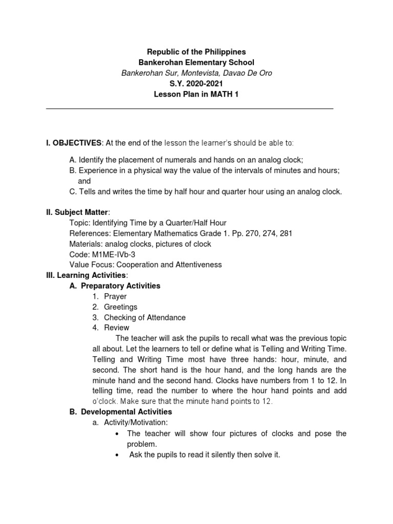 Math Lesson Plan 2 | PDF | Time | Clock