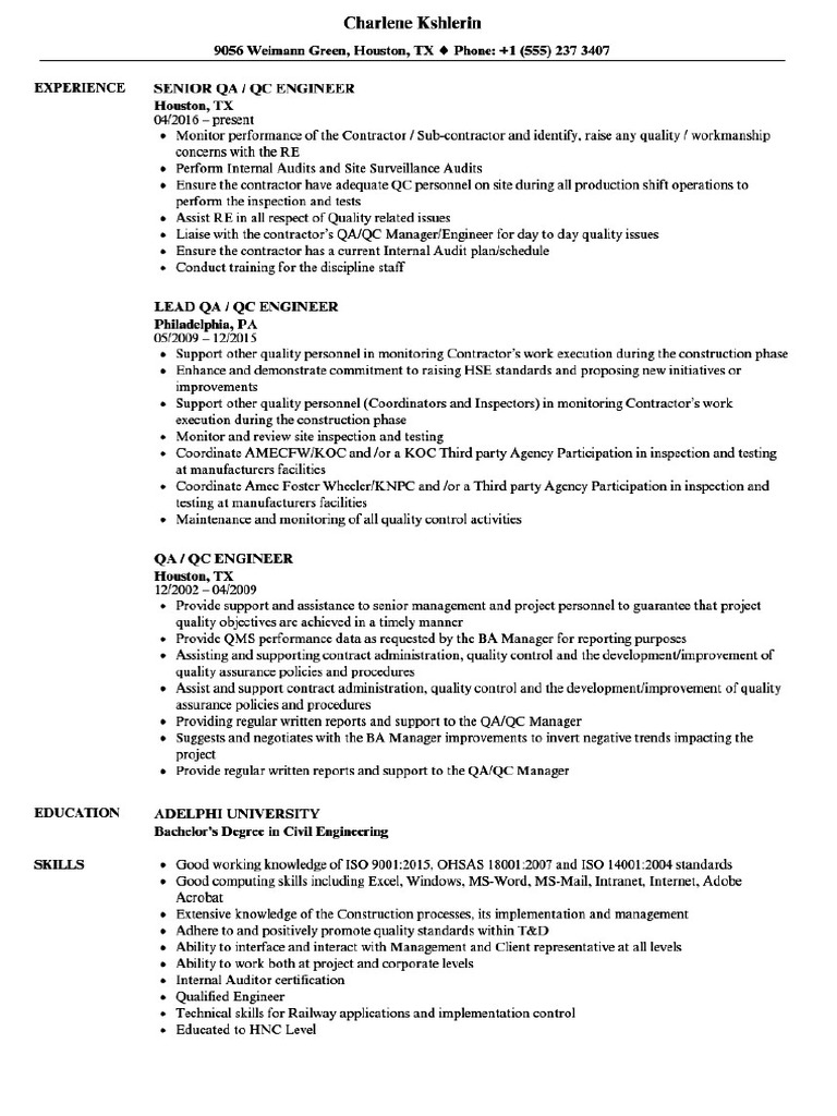Qa QC Engineer Resume Sample | PDF