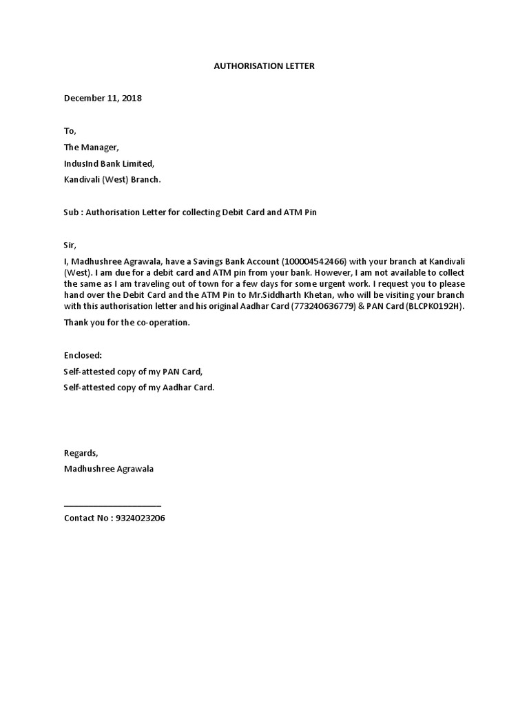 Authorization Letter for ATM Card Handover | PDF