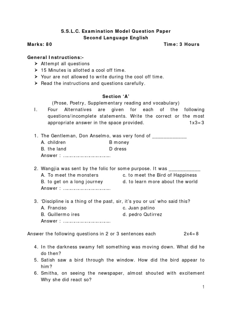 SSLC English Model Question Paper 2025 | PDF | Question | Human ...