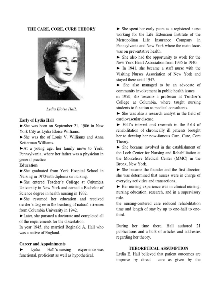 Lydia Hall's Care, Core, Cure Theory | PDF | Nursing | Health Care