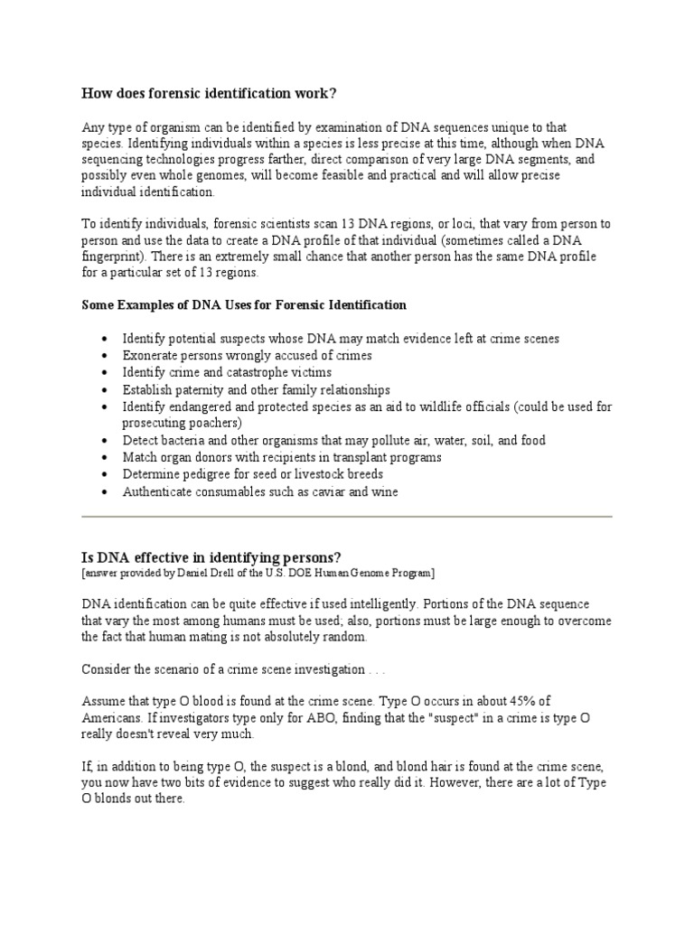 How Does Forensic Identification Work?: Some Examples of DNA Uses For ...