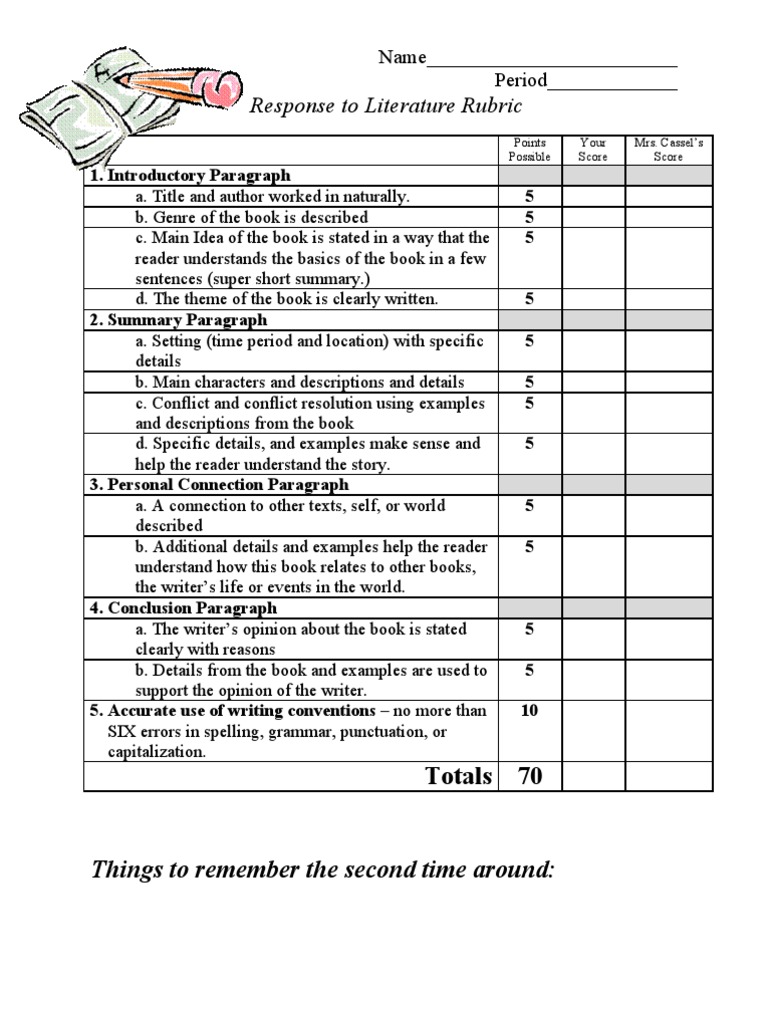Literature Response Rubric Guide | PDF | Paragraph | Books
