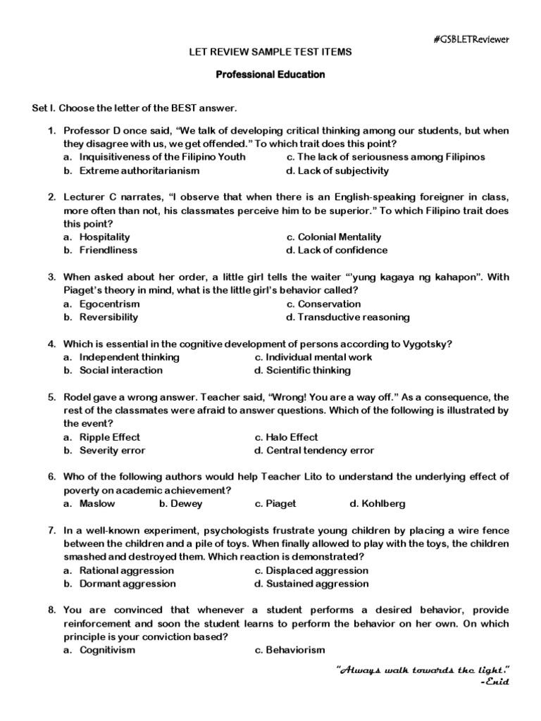Let Review Sample Test Items | PDF | Schools | Teachers