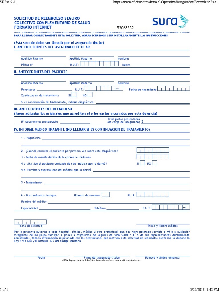 Formulario Reembolso Sura Chile | PDF | Diagnostico medico | Especialidades Medicas