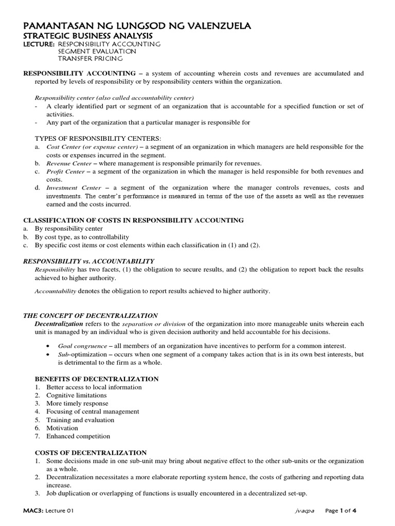 MAC3 Lecture 01. Responsibility Accounting Segment Evaluation and Transfer Pricing | PDF ...