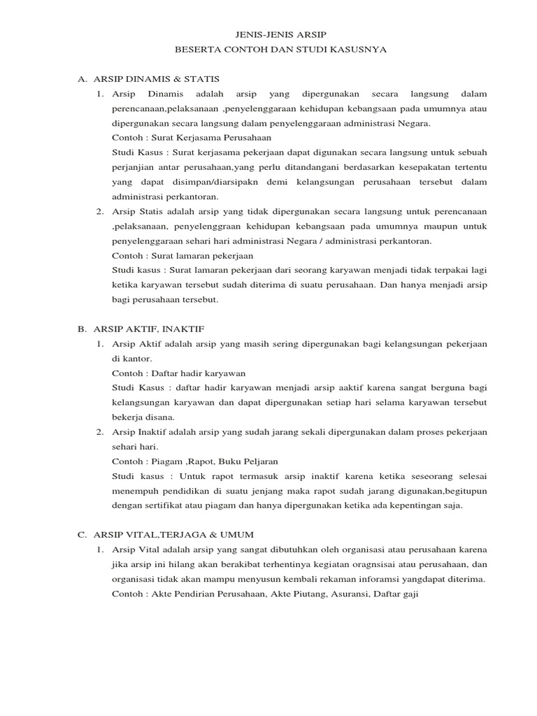 Jenis-Jenis Arsip Beserta Contoh Dan Studi Kasusnya | PDF