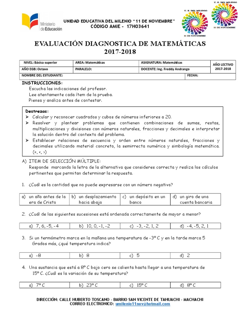 Prueba Diagnostico Matematica 8vo | PDF | Enseñanza de matemática | Science