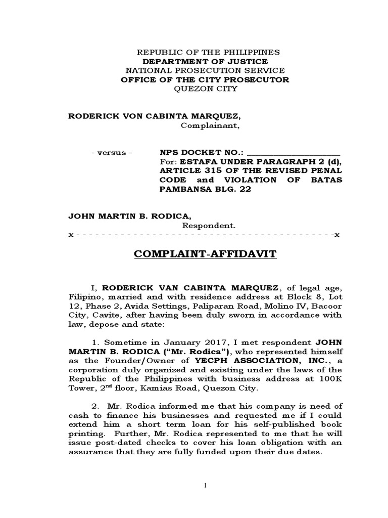 Complaint Affi Estafa bp22 | PDF | Cheque | Payments