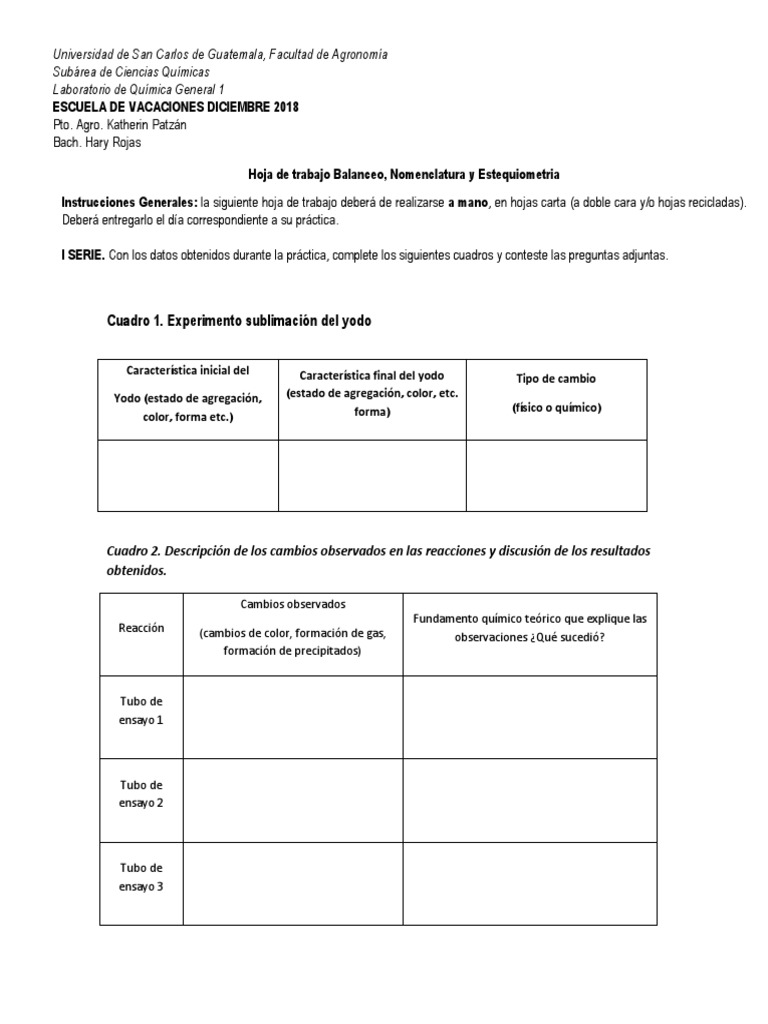 Hoja De Trabajo Con Descripción General De Reacciones Químicas Sofia