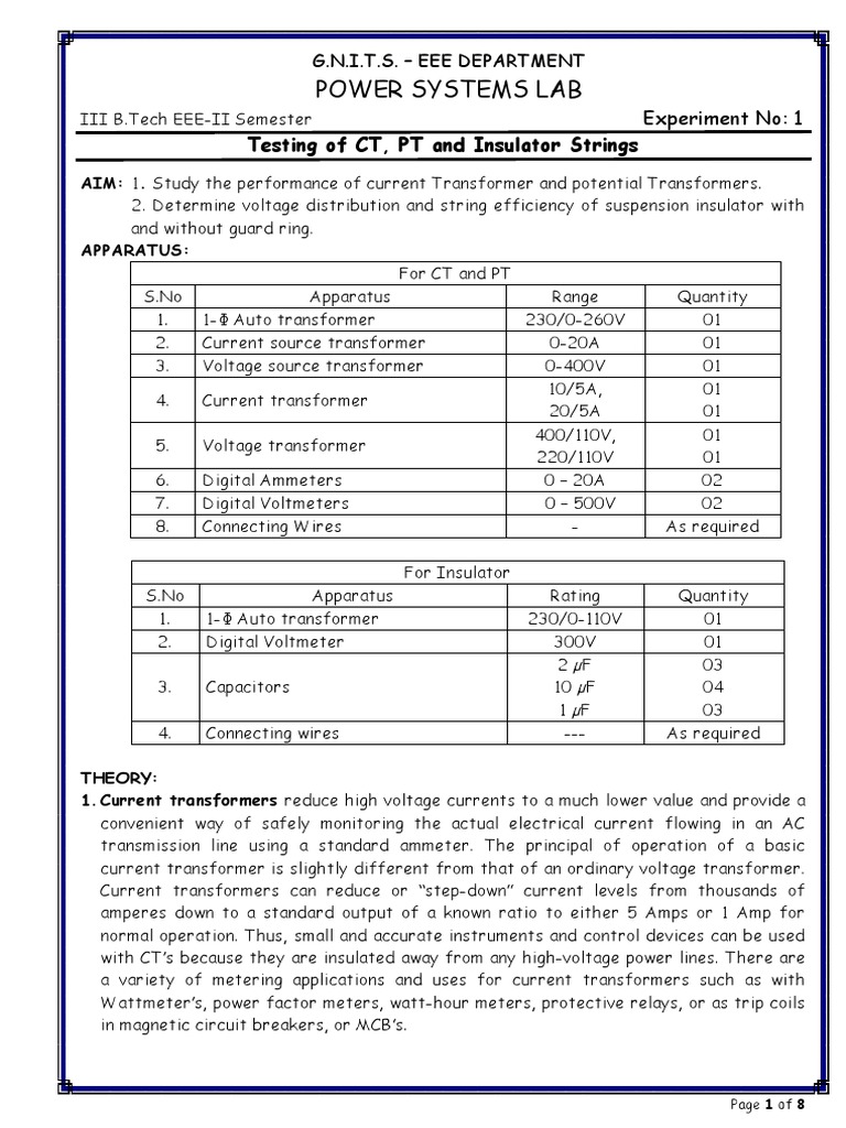 1.testing of CT, PT and Insulator Strings | PDF | Capacitance | Transformer
