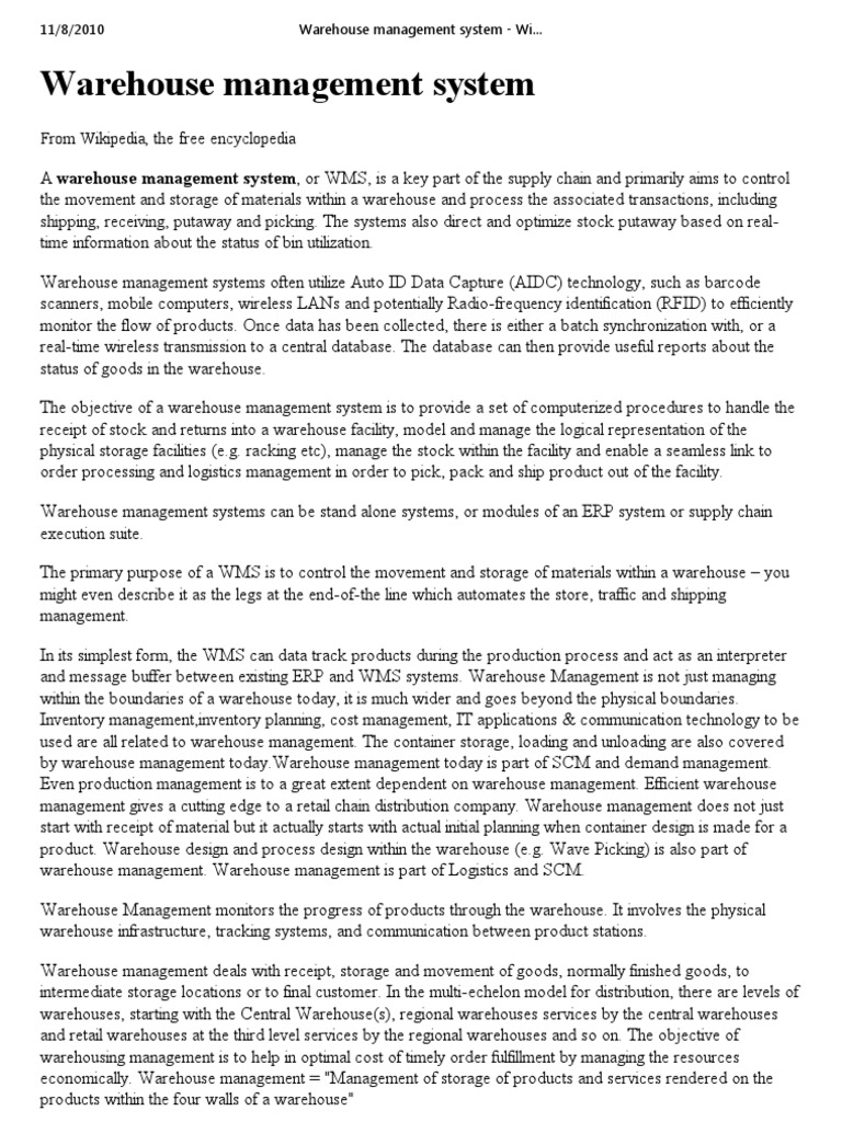 Warehouse Management System - Wikipedia, The Free Encyclopedia | PDF ...