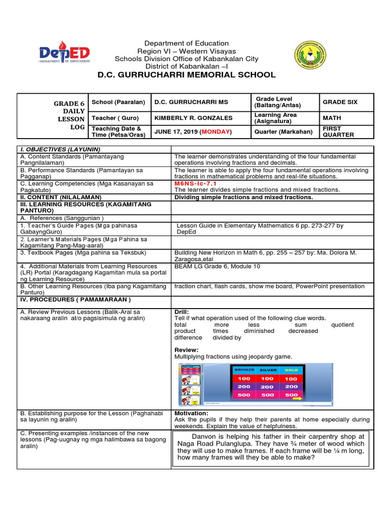 First COT - Math 6 - Dividing Simple and Mixed Fractions - June 20 ...