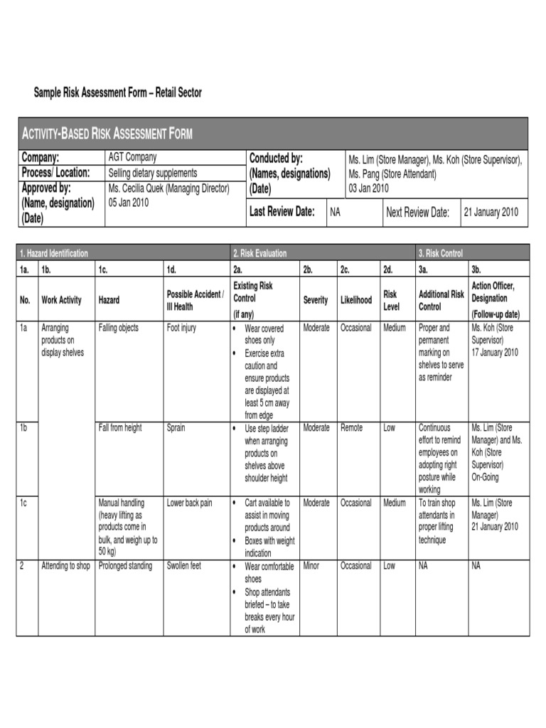 Sample Risk Assessment Form - Retail Sector | PDF | Risk Assessment | Risk