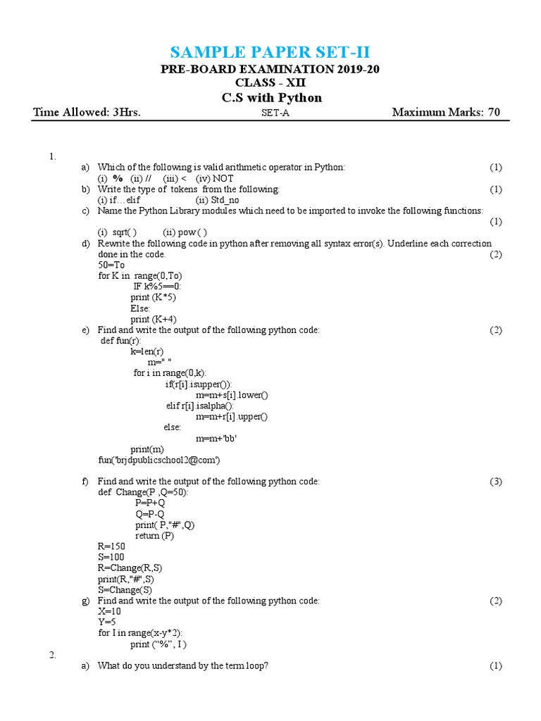 Class Xii Sample Paper Computer Science Set Ii Pdf Pdf Python Programming Language
