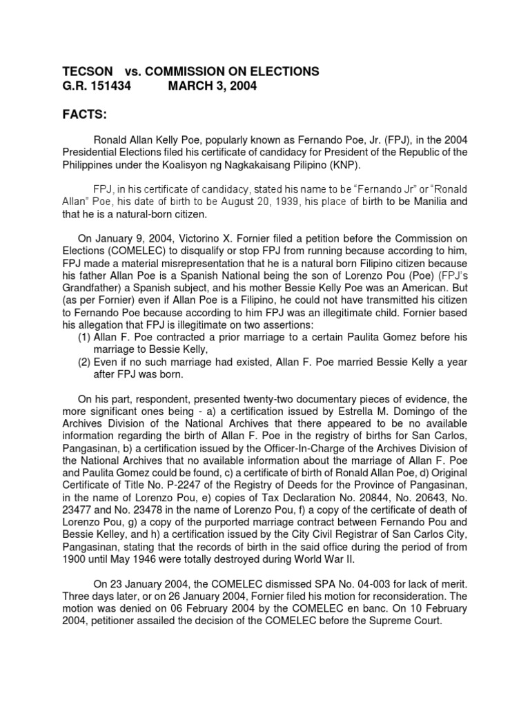 TECSON Vs COMELEC Digest | PDF | Legitimacy (Family Law) | Government