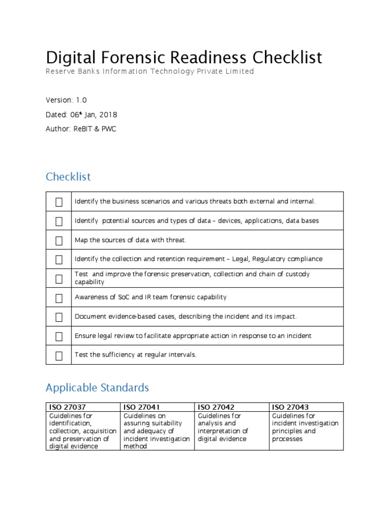 Digital Forensic Readiness Checklist | PDF