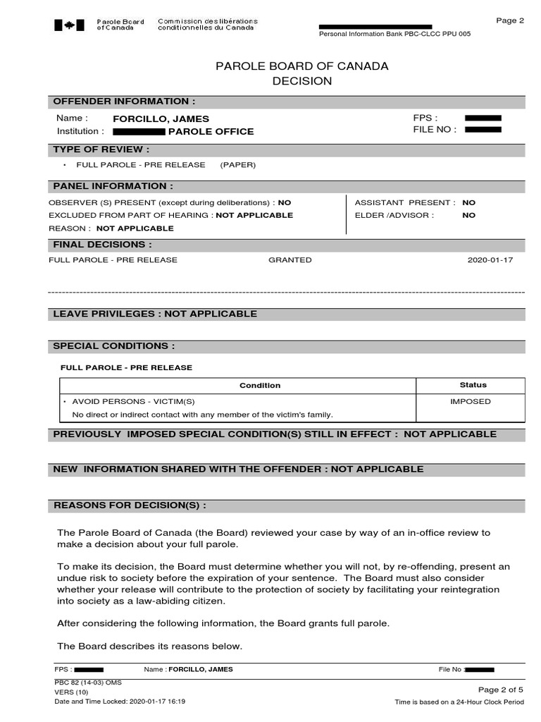 Parole Decision for James Forcillo | PDF | Parole | Probation Officer
