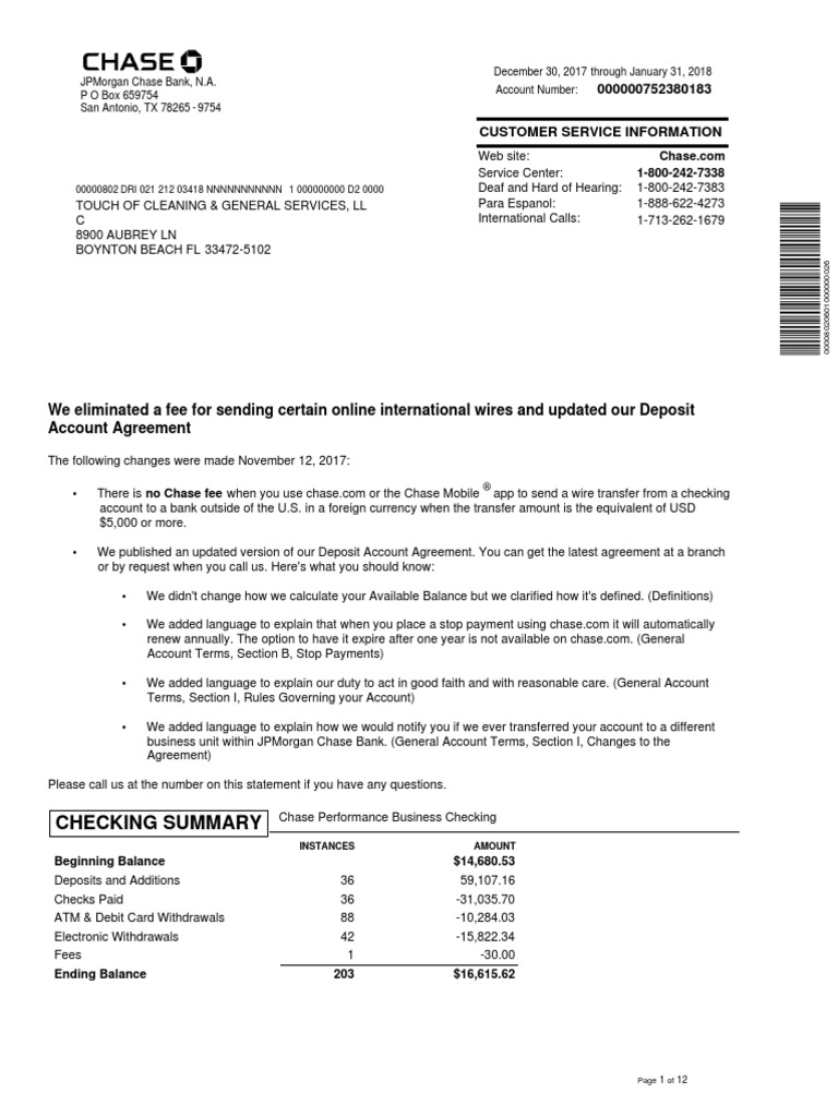 2018 - 01 Chase Checking PDF | PDF | Fee | Financial Transaction