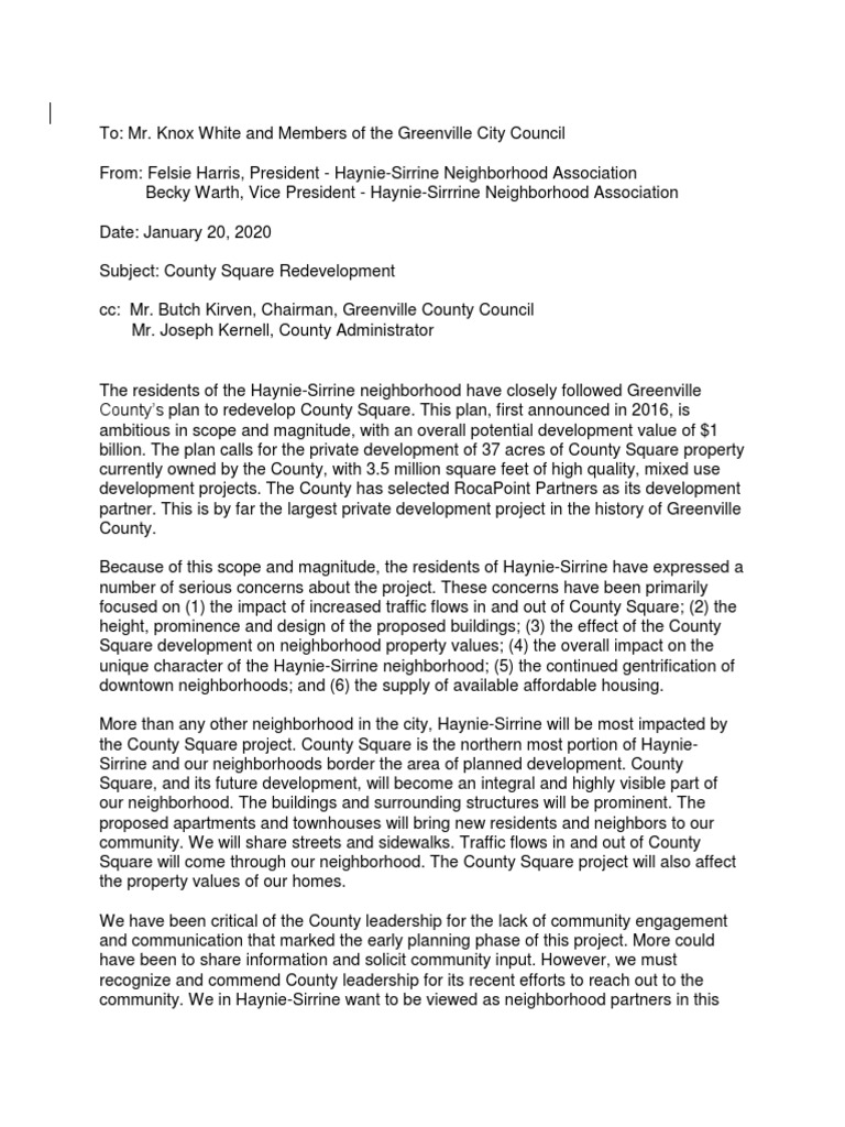 Haynie-Sirrine's Position on County Square Redevelopment | PDF ...