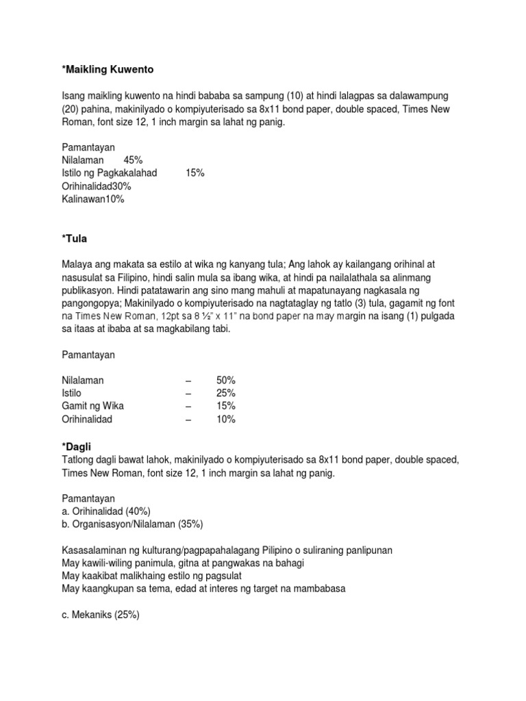 Panuntunan at Pamantayan Sa Pagsulat NG Maikling Kuwento Tula at Dagli ...