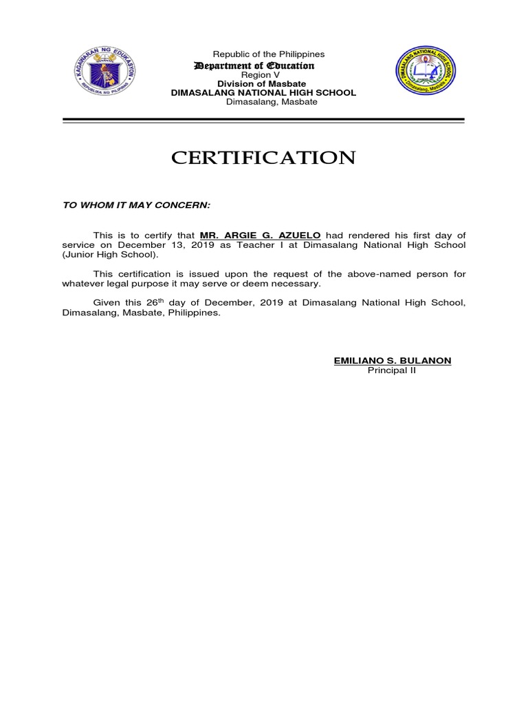 Certification of First Day of Service ARGIE AZUELO | PDF | Accounting ...