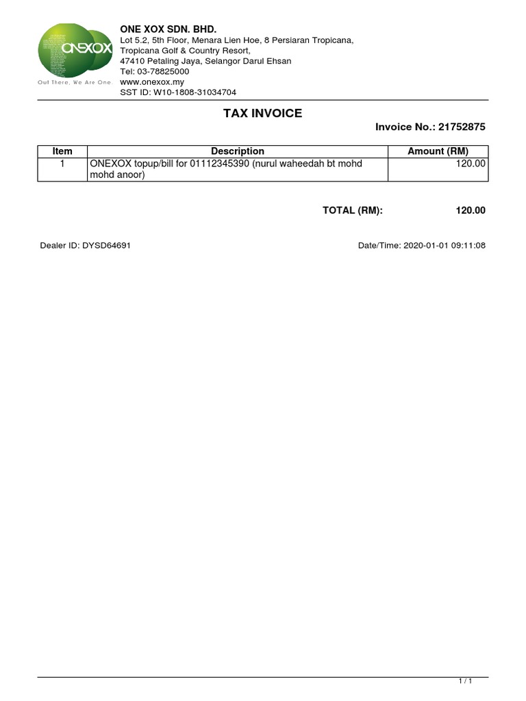 ONEXOX Tax Invoice for Topup Payment | PDF