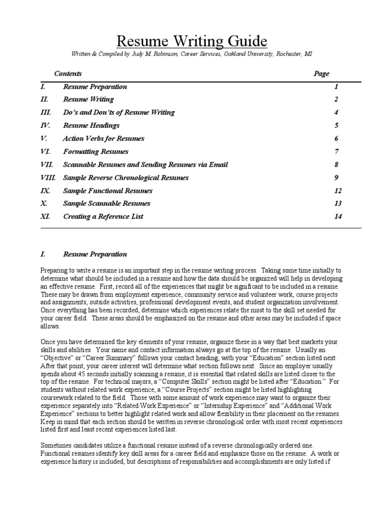 Resume Writing Guide: Written & Compiled by Judy M. Robinson, Career ...