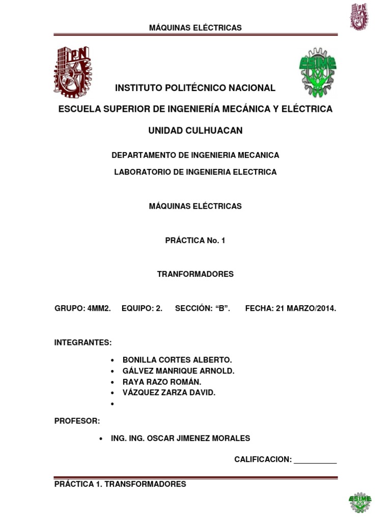 Maquinas Electricas Practica 1 Transformadores | PDF | Transformador | Energia electrica