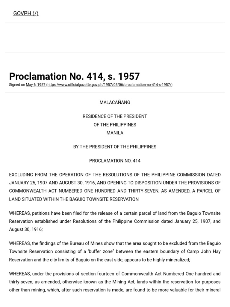 Proclamation No. 414, S. 1957 | PDF | President Of The Philippines | World Politics