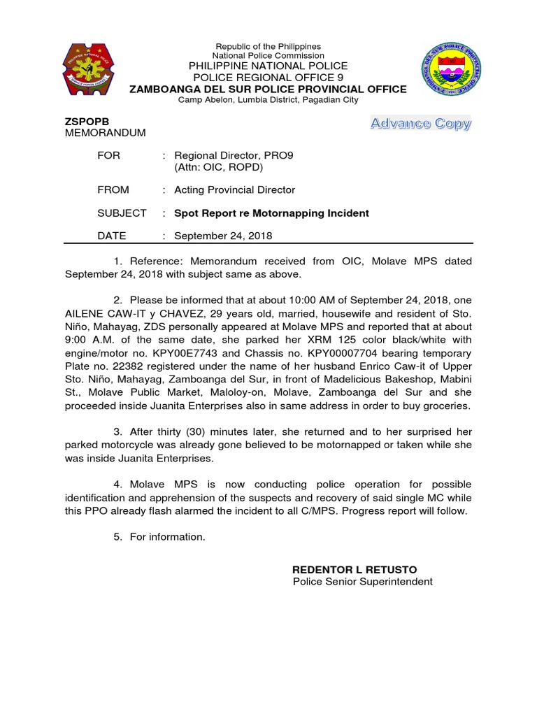 ZSPPO Spot Report Re Molave Motornapping Incident Sept24 | PDF