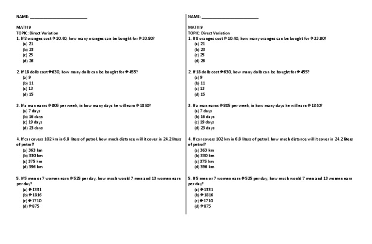 Math practice worksheet on direct variation word problems | PDF