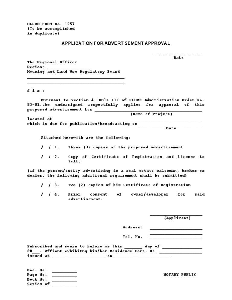 HLURB Advertisement Approval Application | PDF
