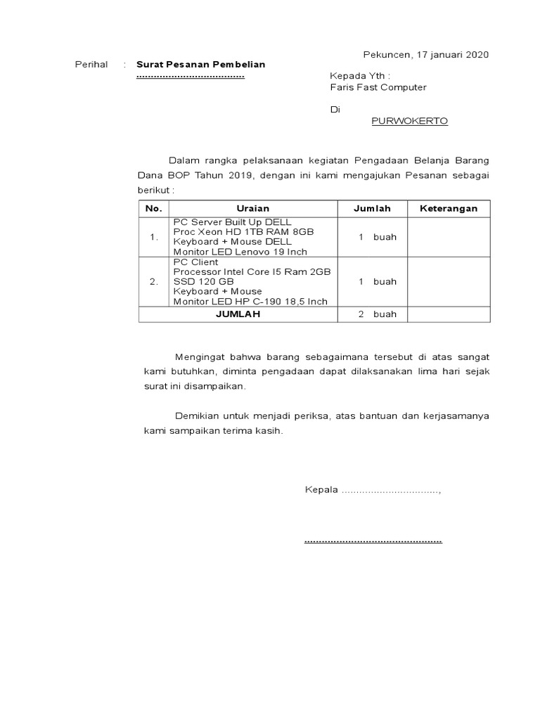 Contoh Surat Pesanan Barang | PDF