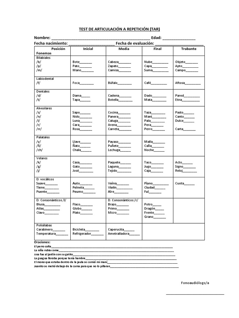 Test de Articulacion Tar Propio | PDF | Voz humana | Fonética