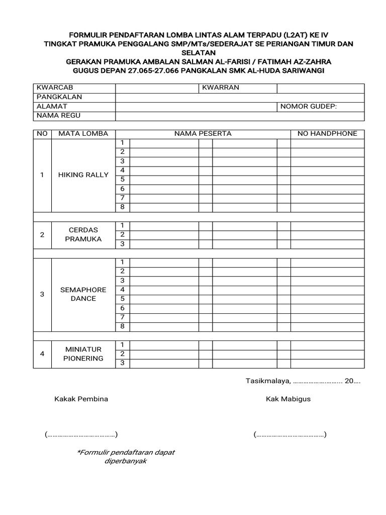 Contoh FORMULR PENDAFTARAN Lomba Lintas Alam | PDF