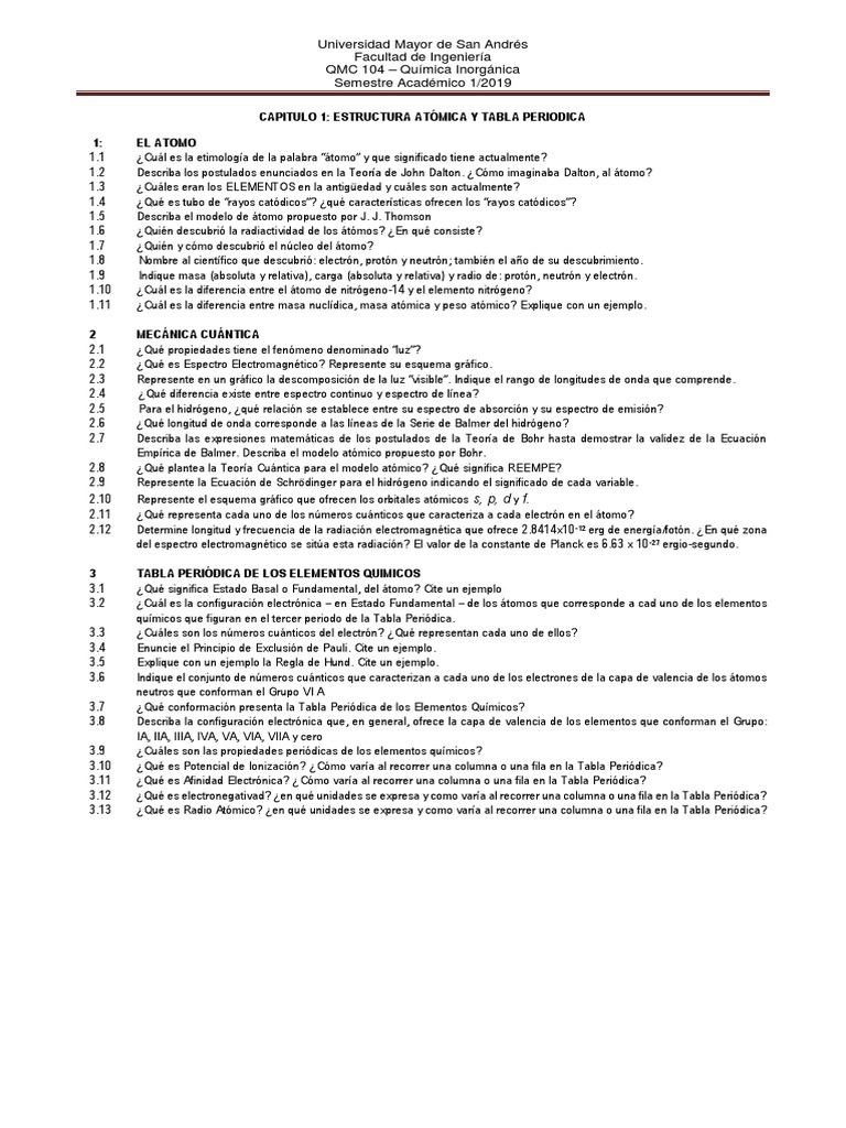 QMC 104 Cuestionario 1 2019 | PDF | Enlace químico | Átomos