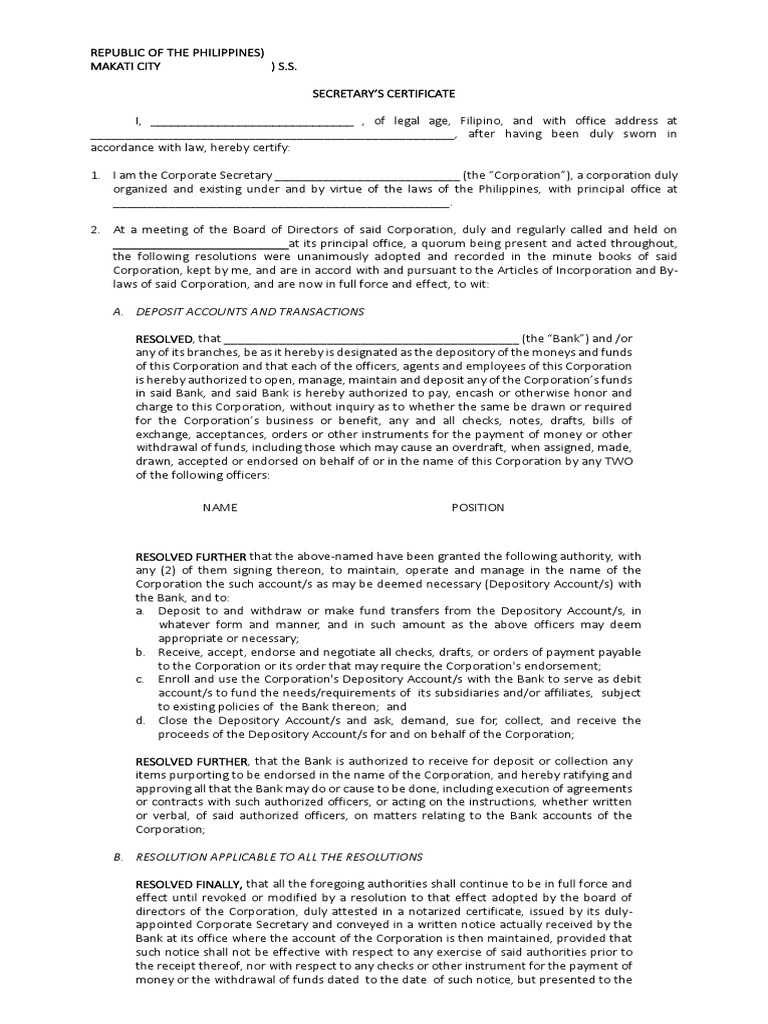 Sample Sec Cert | Download Free PDF | Deposit Account | Banks