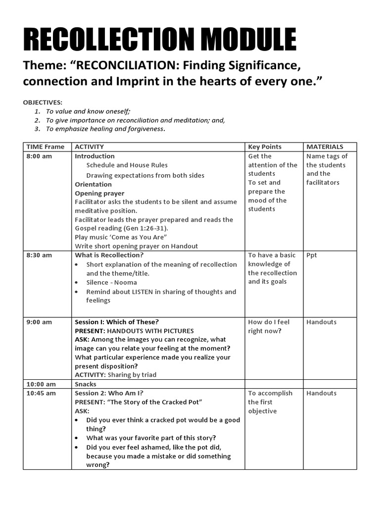Recollection Module On Reconciliation | PDF | Forgiveness | Conflict ...
