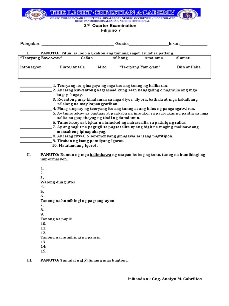 3rd Quarter Examination Fil 7 | PDF