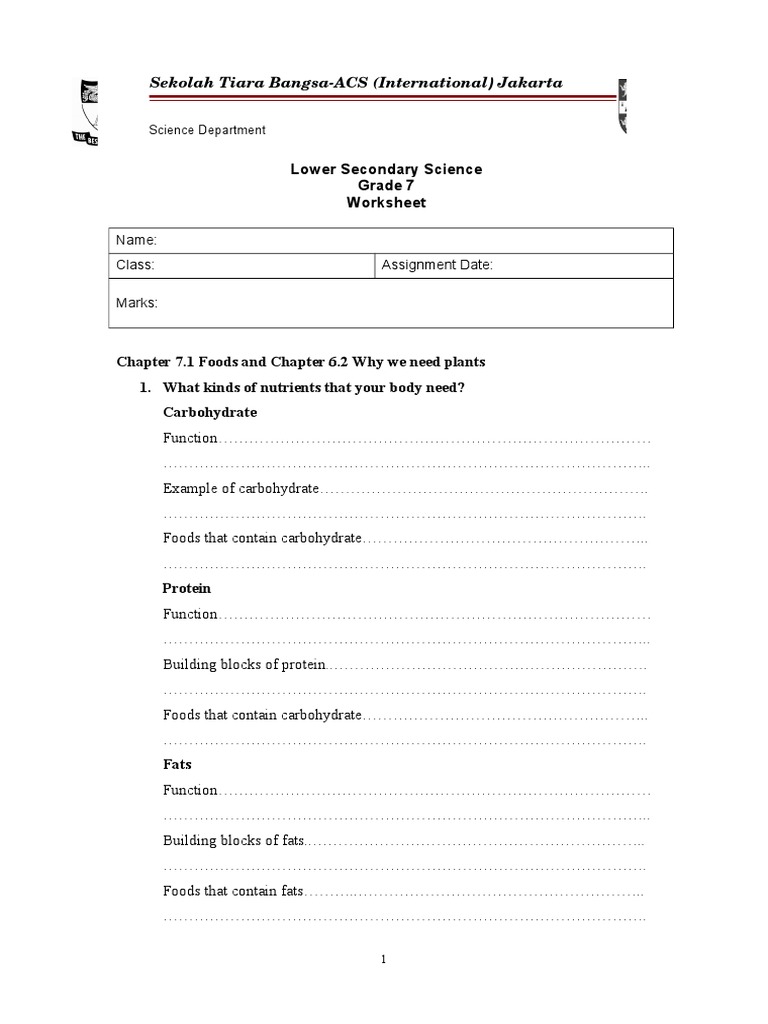 Grade 7 Nutrition and Diet Worksheet | PDF | Nutrition | Diet & Nutrition