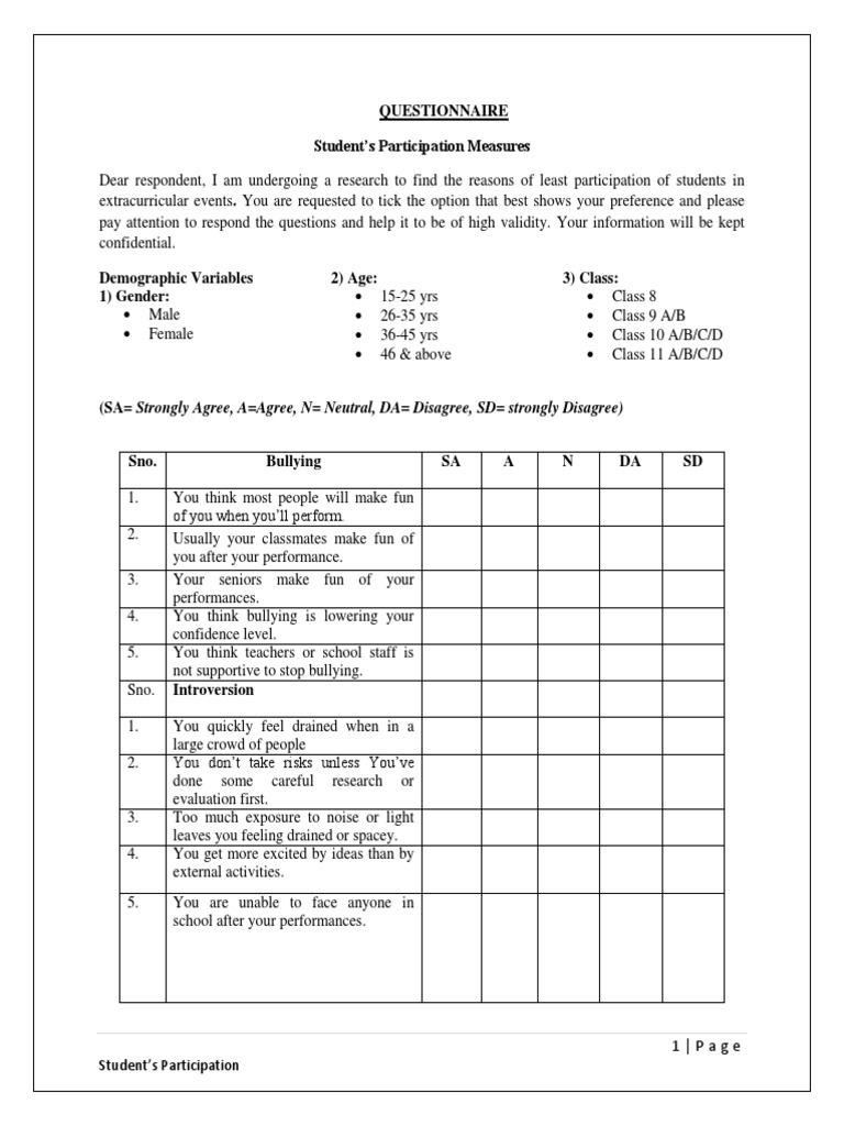 Student Participation Questionnaire | PDF | Questionnaire | Applied ...