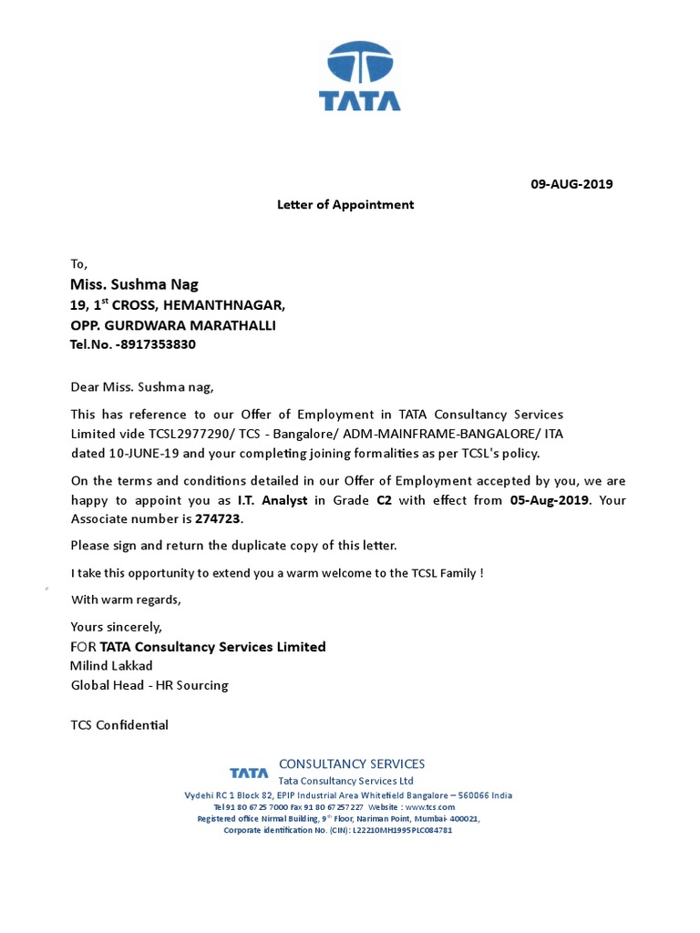 TCS Appointment Letter for Sushma Nag | PDF | Business