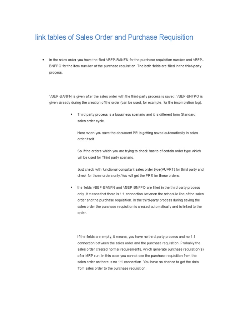 Link Tables of Sales Order and Purchase Requisition PDF | PDF | Areas ...
