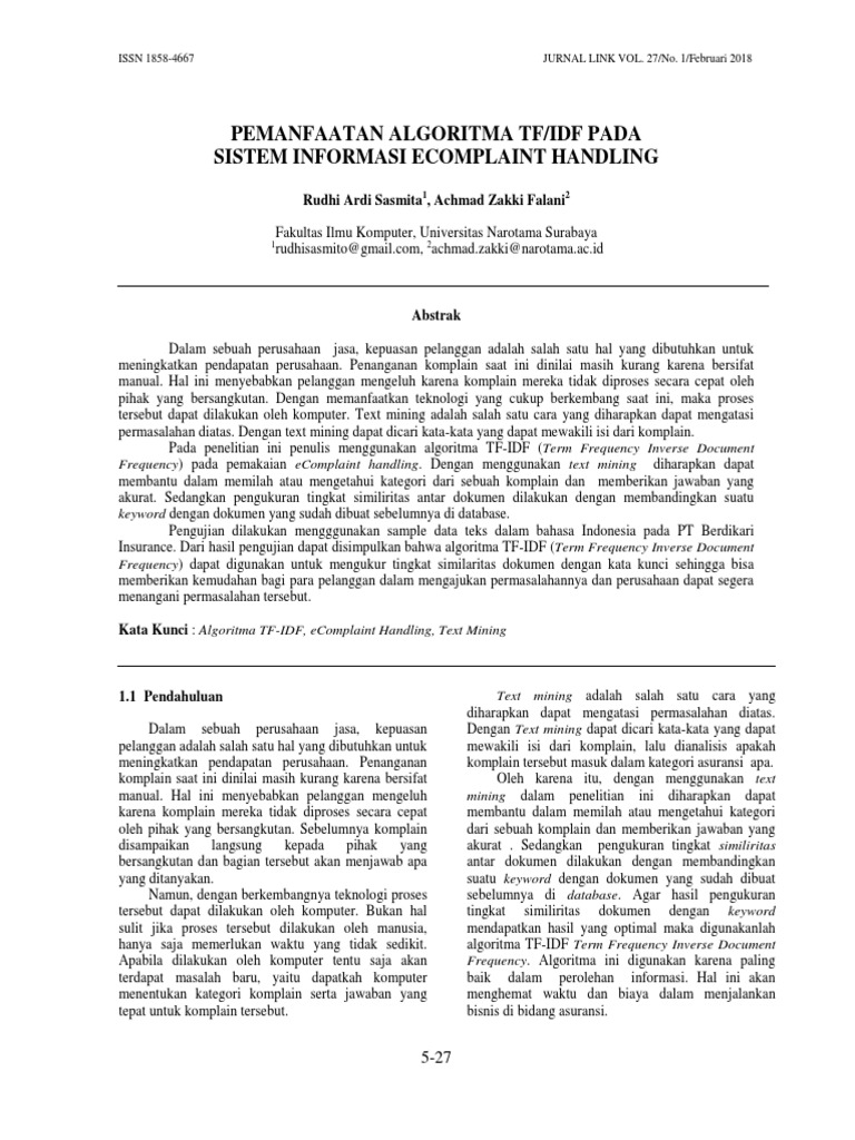Pemanfaatan Algoritma Tfidf Pada Sistem Informasi Ecomplaint Handling | PDF | Komputer